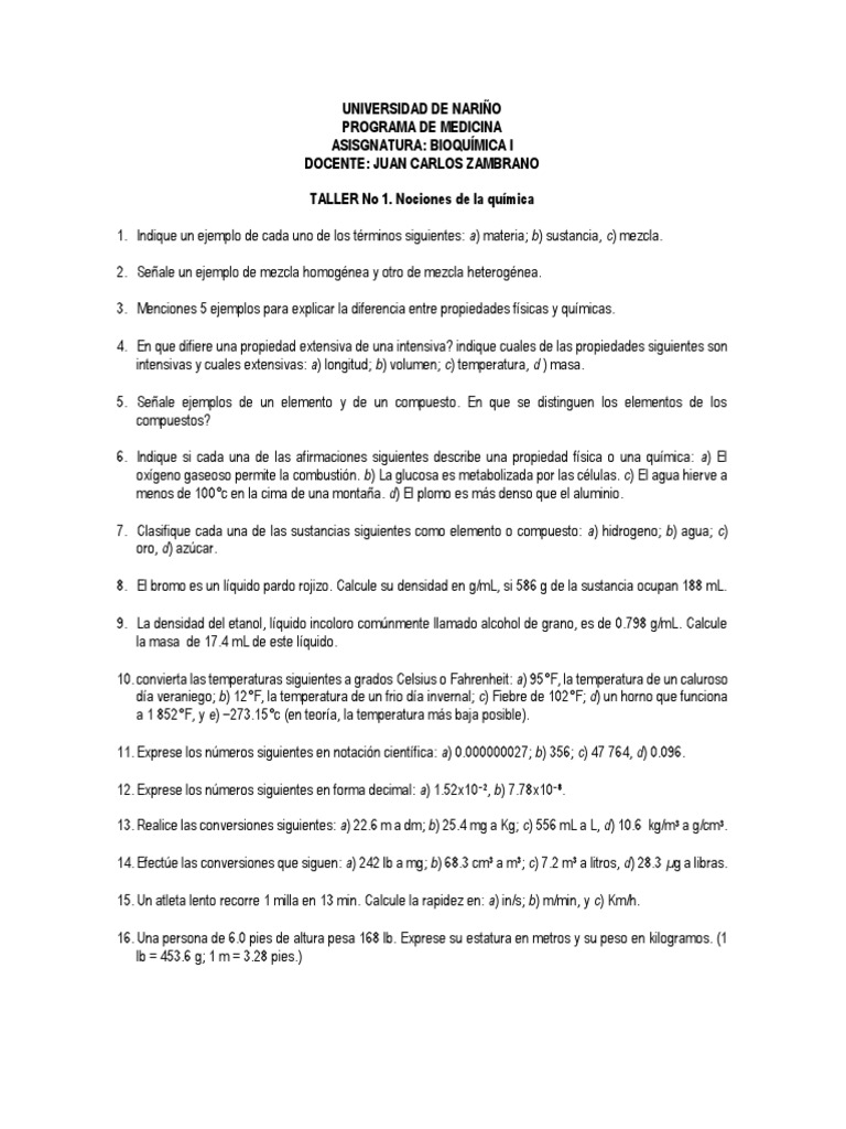 Taller de Bioquímica: Nociones de Química | PDF | Sustancias químicas ...