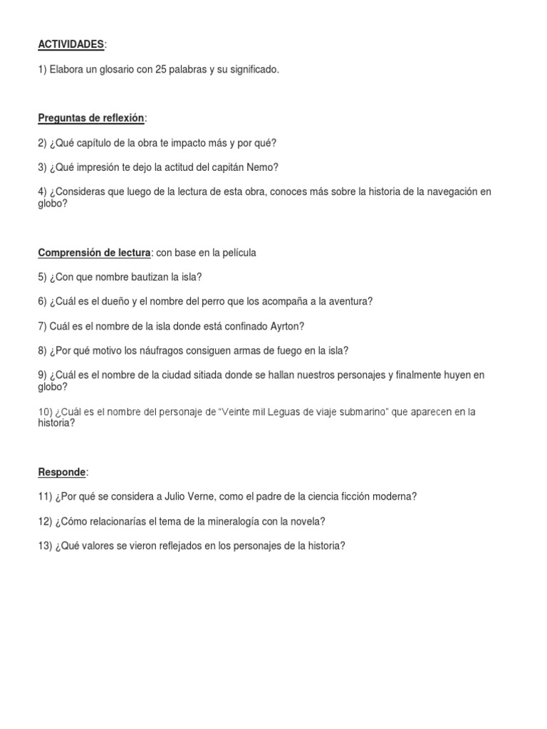 Actividades sobre "La Isla Misteriosa" | PDF