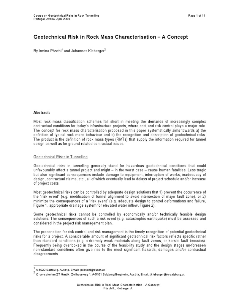 Geotechnical Risk in Rock Mass Characterisation - A Concept | PDF ...