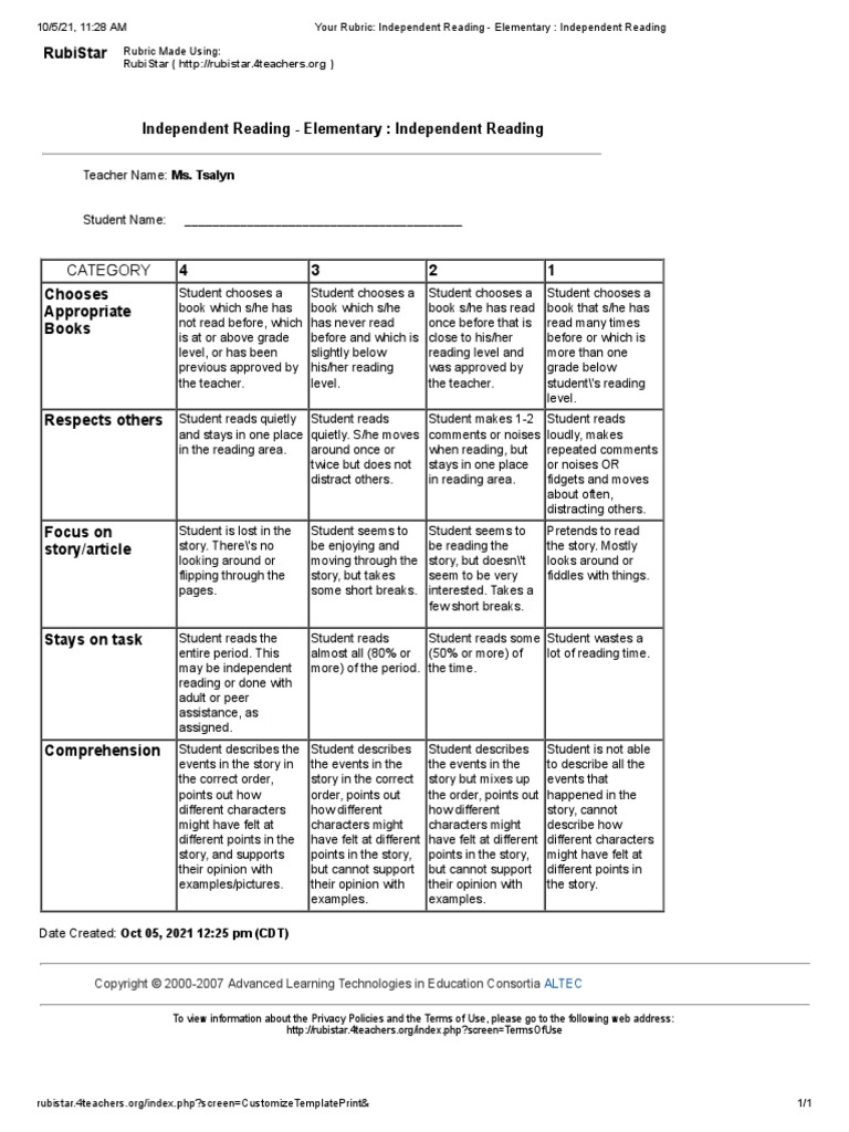 Your Rubric Independent Reading - Elementary Independent Reading | PDF ...