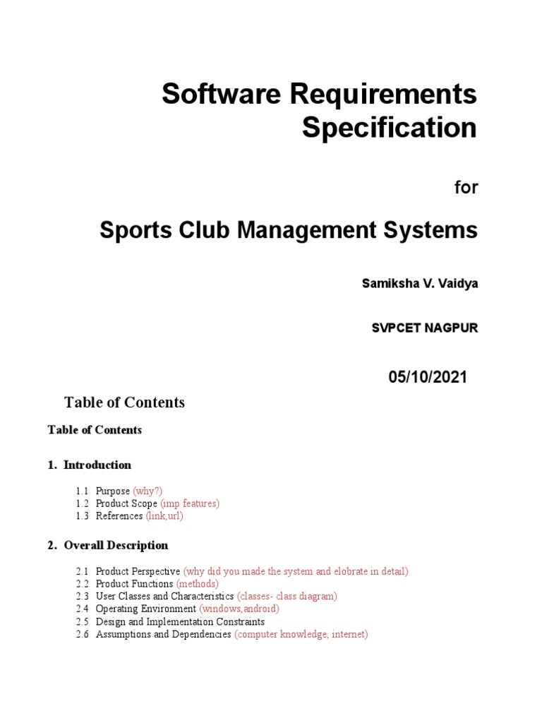 Software Requirements Specification: Sports Club Management Systems ...