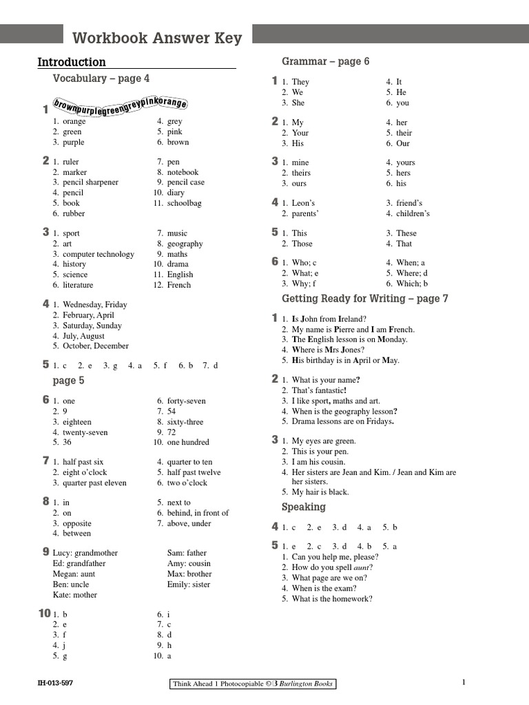 Workbook Answer Key: Grammar - Page 6 Vocabulary - Page 4 | PDF | Chair