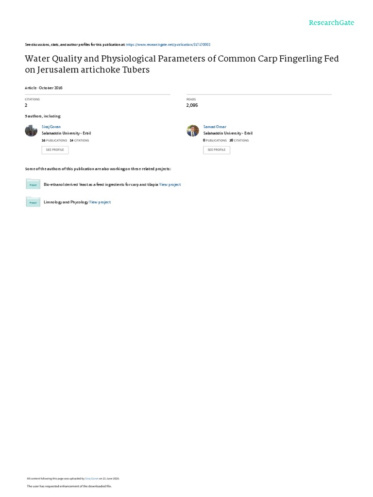 Water Quality and Physiological Parameters of Common Carp Fingerling ...