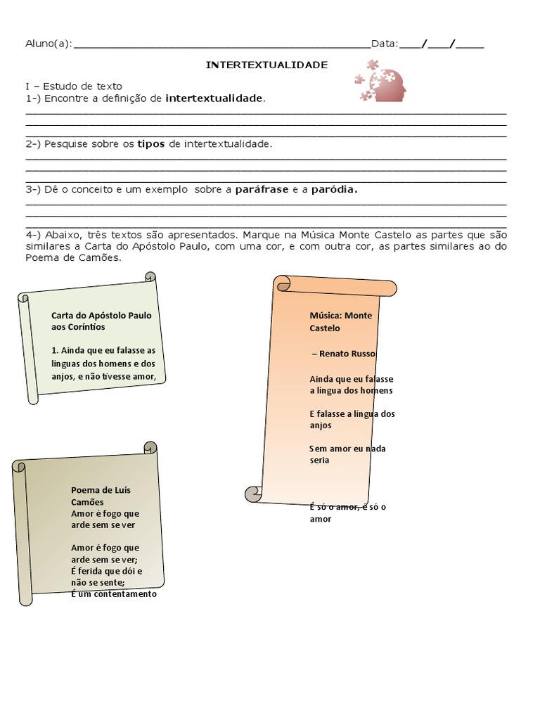 Atividade Intertextualidade 8 Ou 9º Ano. | PDF | Intertextualidade | Amor