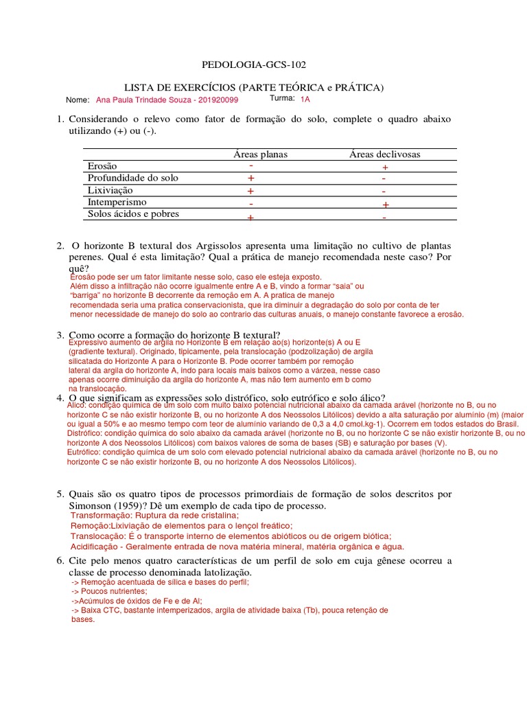 2 Lista de Exer Pedologia - ANA PAULA TRINDADE SOUZA | Download grátis PDF | Solo | Matéria orgânica