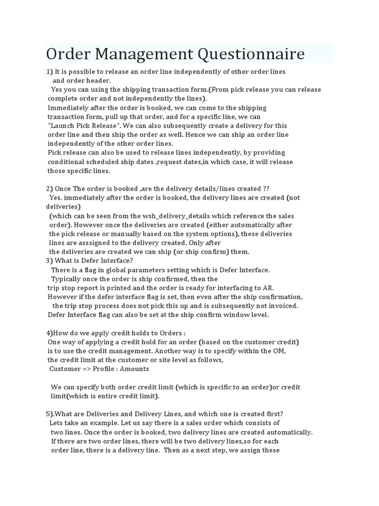 Order Management Questionnaire | PDF | Bill Of Lading | Inventory