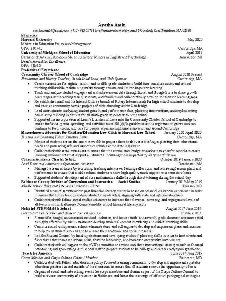 Ayesha Amin Resume 2021 Download Free Pdf Curriculum Teachers