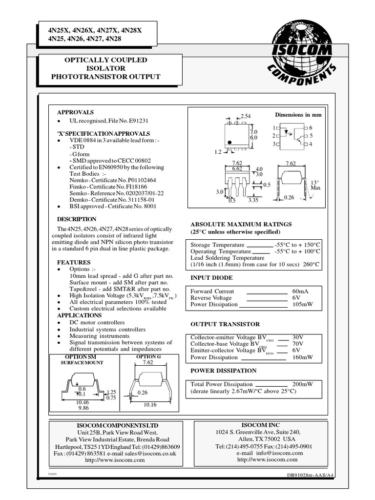 Optically Coupled Isolator Phototransistor Output: 4N25X, 4N26X, 4N27X ...