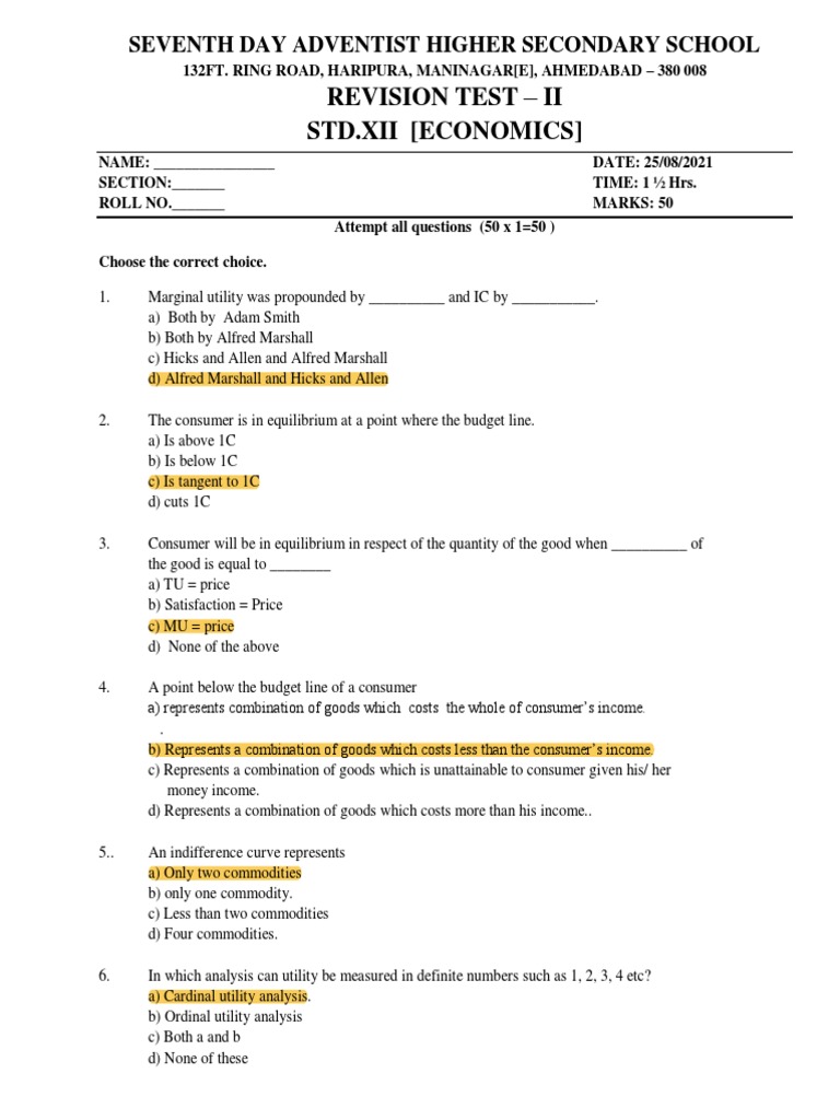Economics Revision Test for XII Std. | PDF | Elasticity (Economics ...