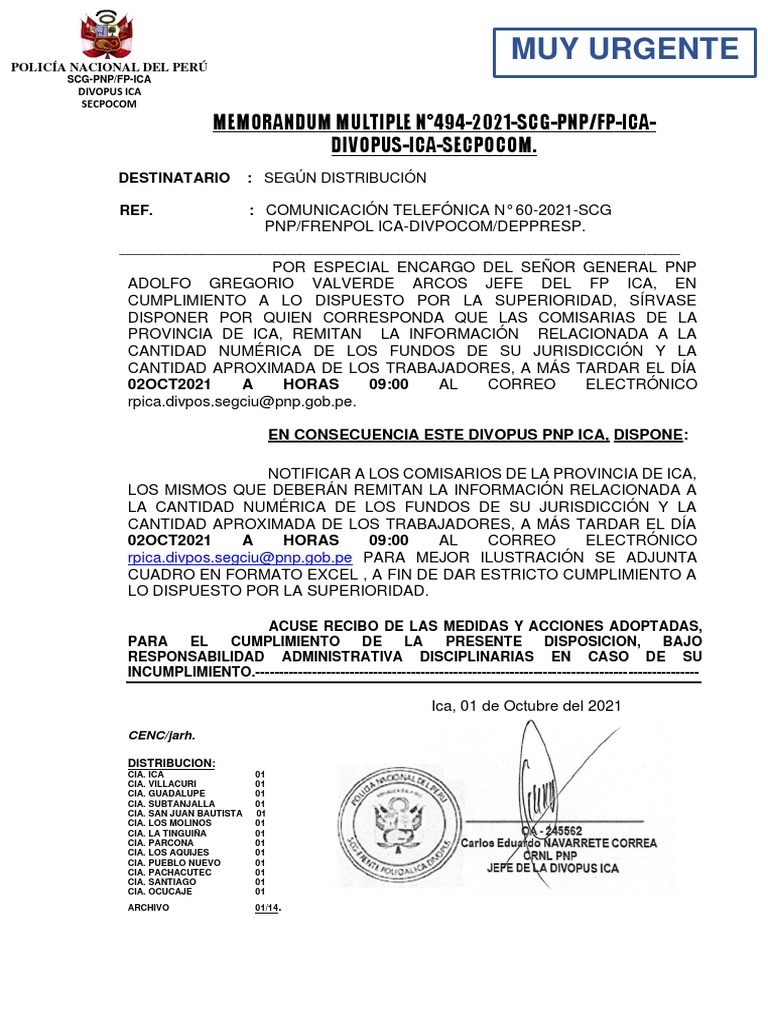 Memo Mult. N°494-2021 - Scg-Fpi-Divopus-Secpocom.. | PDF