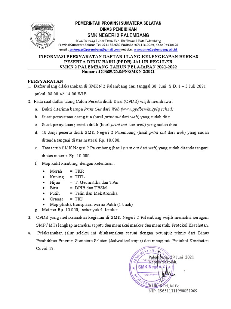 PPDB SMK Negeri 2 Palembang 2021 | PDF