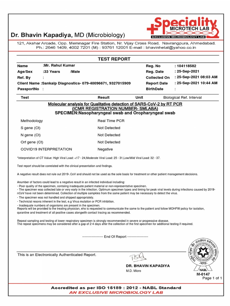 Test Report: Molecular Analysis For Qualitative Detection of Sars-Cov-2 ...
