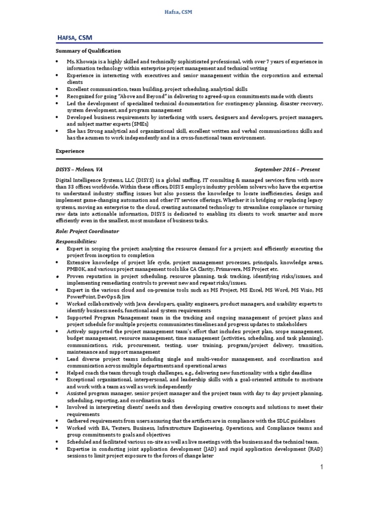 Project Coordinator Hafsa's Resume and Qualifications | PDF | Project ...