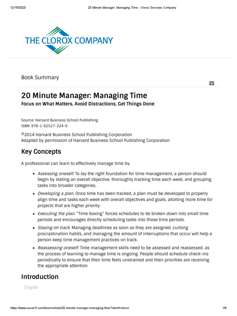 20 Minute Manager - Managing Time - Clorox Services Company | PDF ...