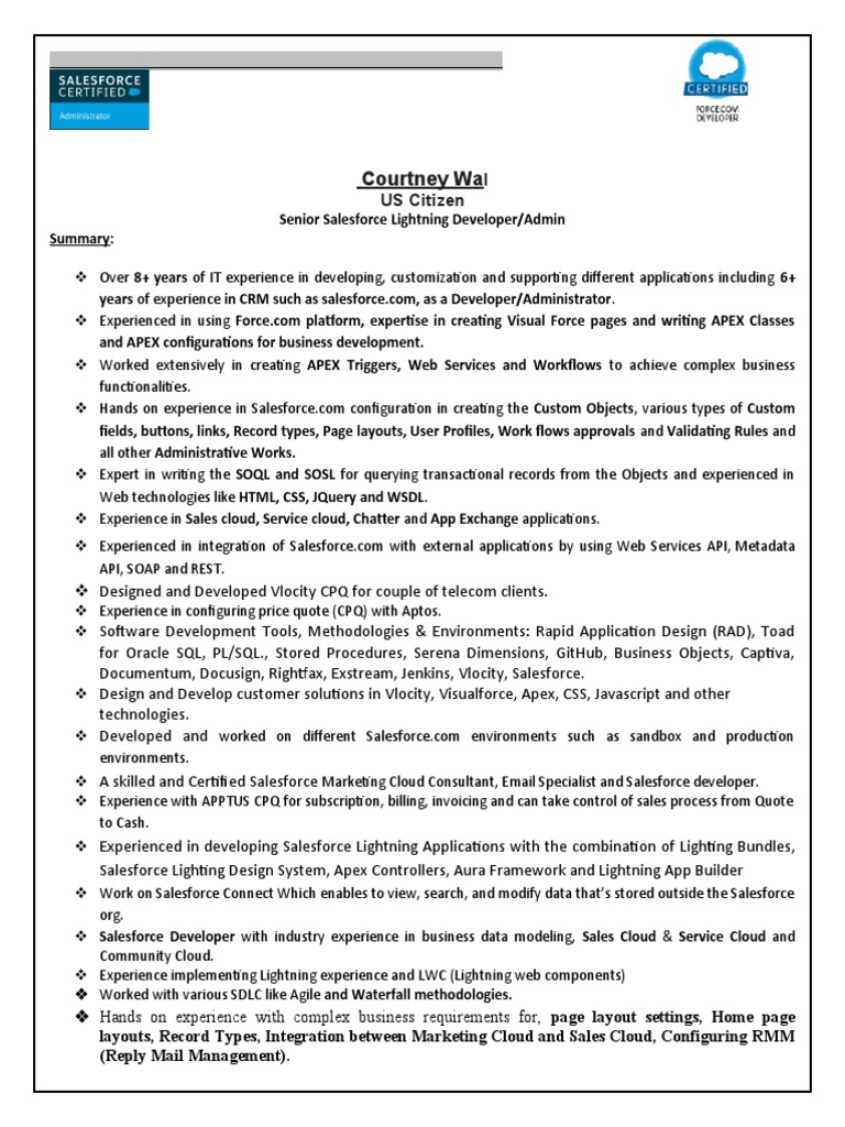 Courtney Wal SR Salesforce Developer Profile | PDF | Cloud Computing ...