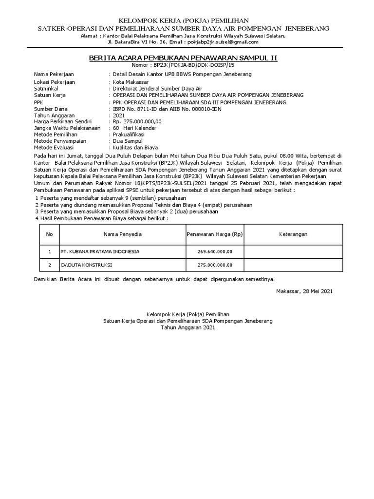 Pembukaan Proposal Biaya Pje-Cs-11 DD Kantor Upb | PDF