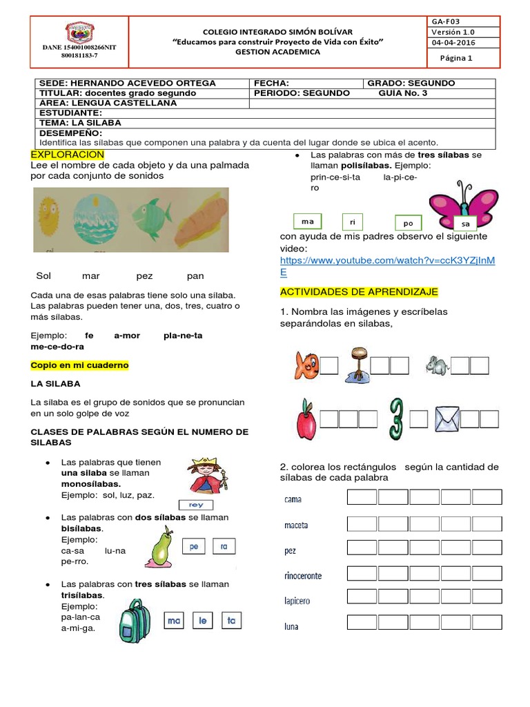 Guía de lengua castellana sobre la silaba: identificación, clases y ...