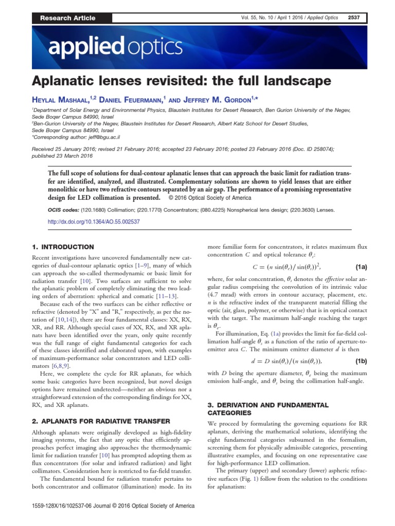 Aplanatic Lenses Revisited: The Full Landscape: H M, D F, J M. G | PDF ...