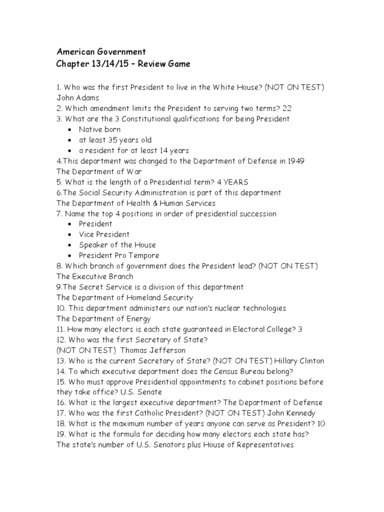 American Government: Presidential Review Game | PDF