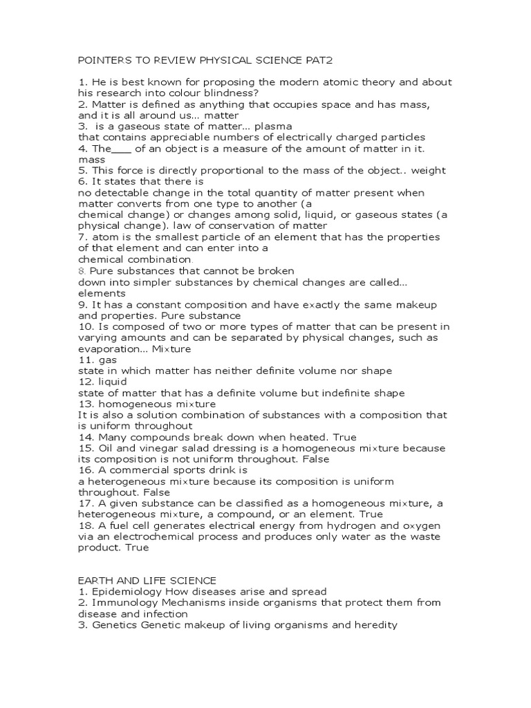 Pointers To Review Physical Science Pat | PDF | Matter | Chemical ...