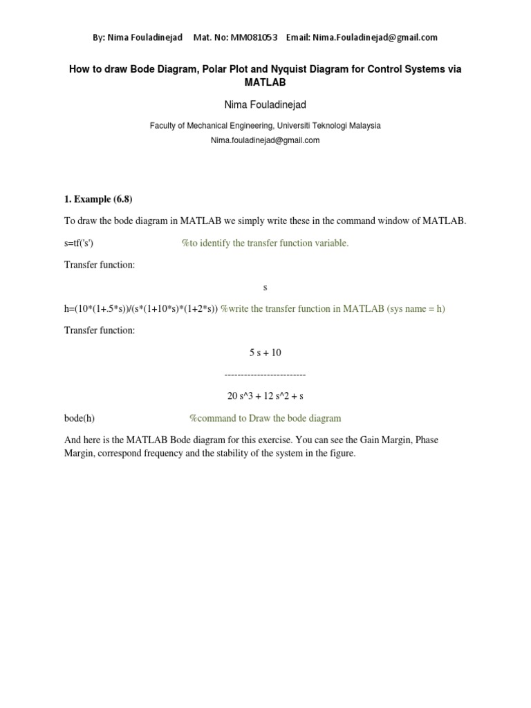 How To Draw Bode Diagram, Polar Plot and Nyquist Diagram For Control Systems Via MATLAB | PDF ...