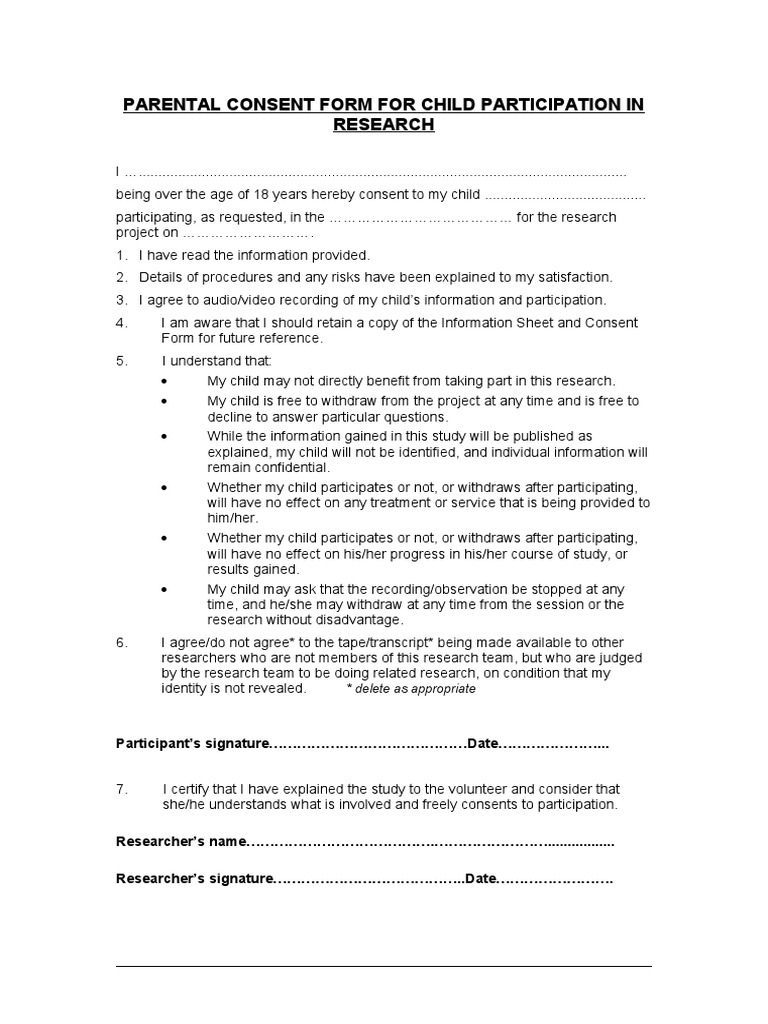 Parental Consent Form For Child Participation in Research | PDF ...