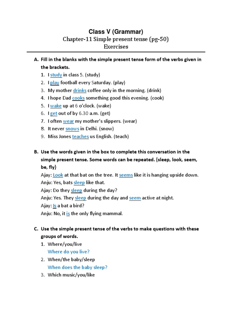 Chapter-11 Simple Present Tense (pg-50) Exercises: Class V (Grammar) | PDF