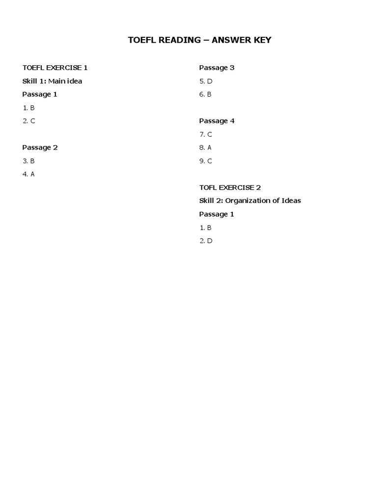 TOEFL Reading Answer Key and Exercises | PDF