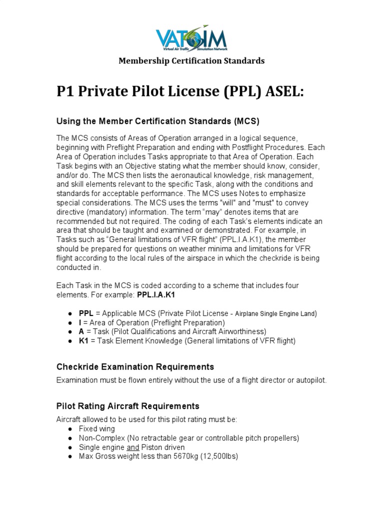 P1 Private Pilot License (PPL) ASEL:: Membership Certification ...