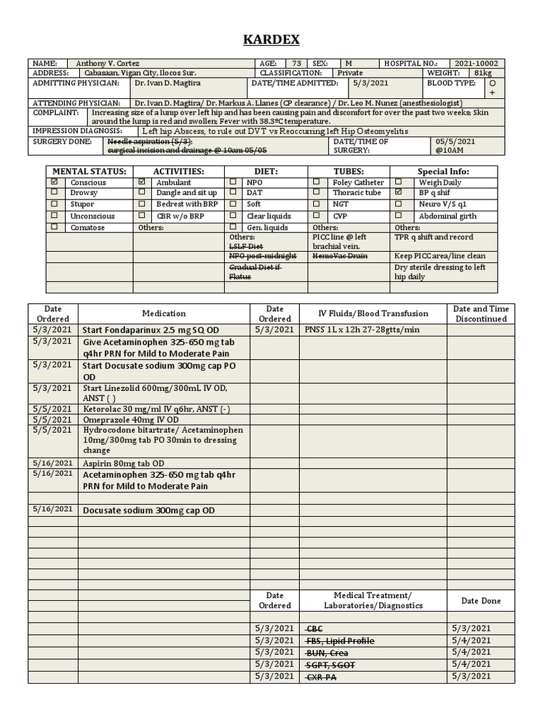 Kardex: Mental Status: Activities: Diet: Tubes: Special Info | PDF ...