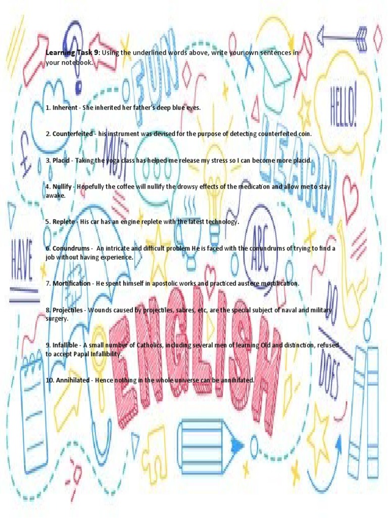 Learning Task 9: Using The Underlined Words Above, Write Your Own Sentences in Your Notebook | PDF