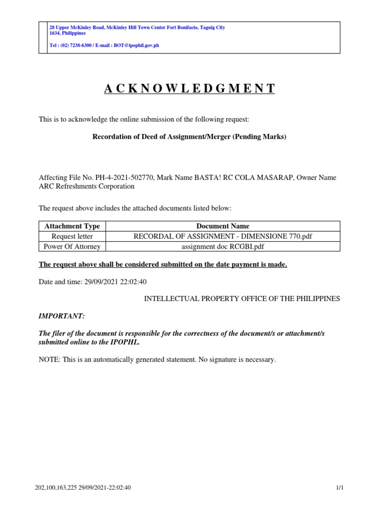 Acknowledgment: Recordation of Deed of Assignment/Merger (Pending Marks) | PDF | Assignment (Law ...