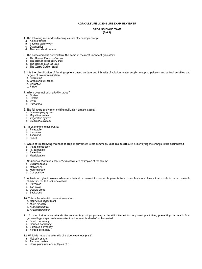 Agriculture Licensure Exam Reviewer Crop Science Exam (Set 1) | PDF ...
