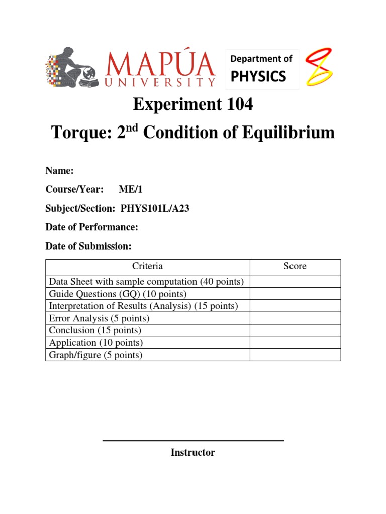Experiment 104 Torque: 2 Condition of Equilibrium: Physics | PDF | Torque | Force