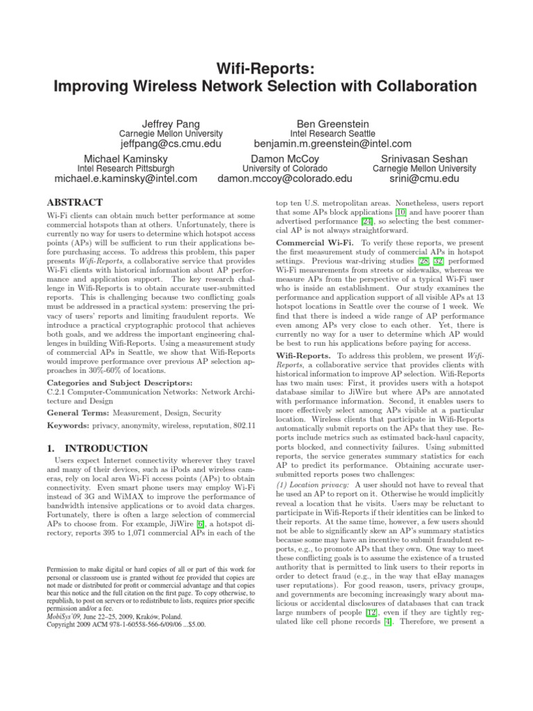 Wifi-Reports: Improving Wireless Network Selection With Collaboration ...