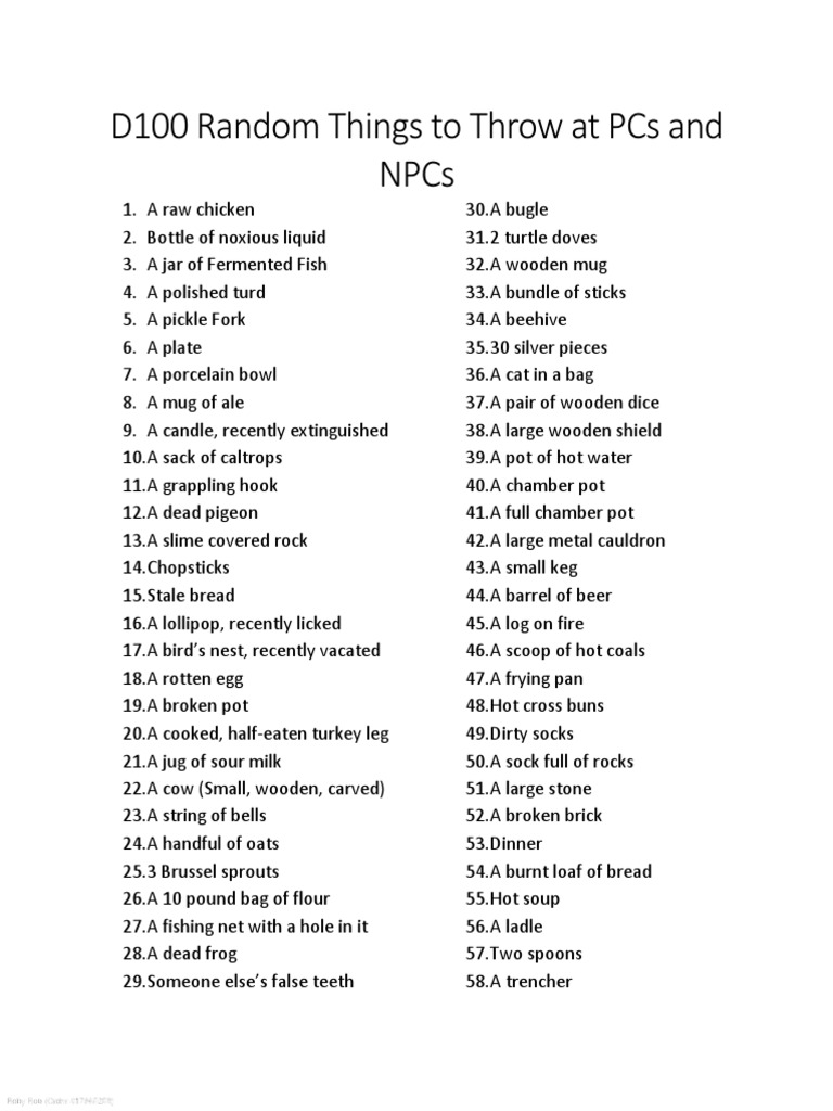 D100 List - Random Things To Throw at NPCs and PCs | PDF | Food And ...