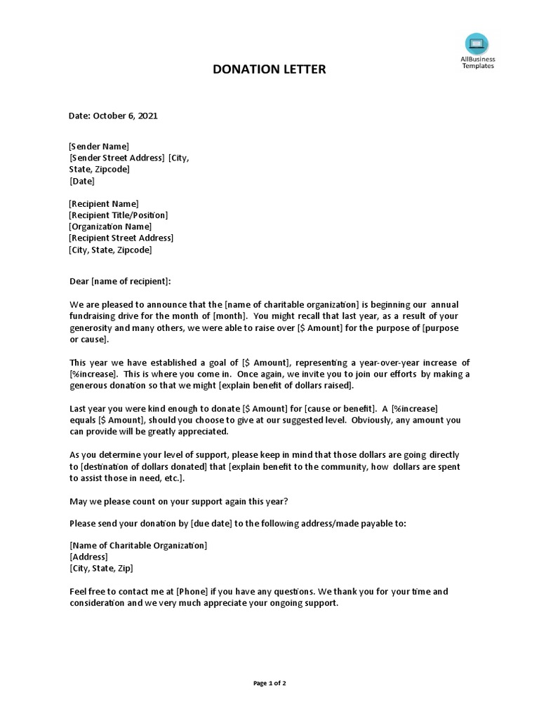 Donation Letter: Page 1 of 2 | PDF