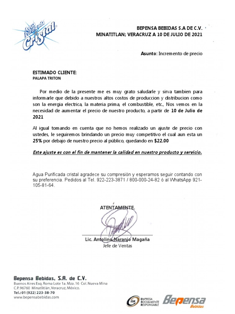 Carta de Incremento de Precio Especial | PDF | Estación de servicio ...
