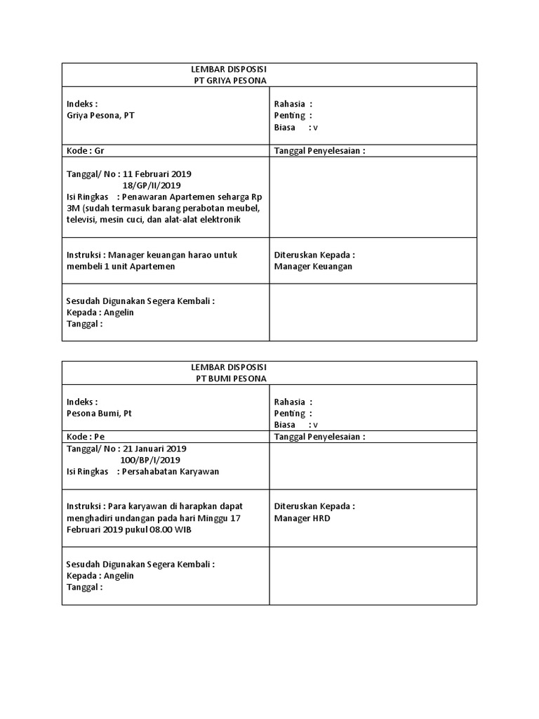 Contoh Lembar Disposisi Perusahaan | PDF