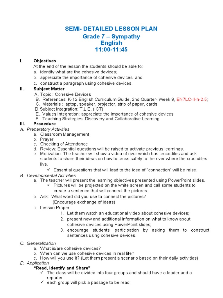 SEMI DETAILED Cohesive Devices | PDF | Lesson Plan | Communication