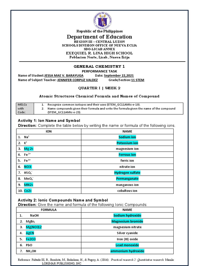 Week 2 Performance Task in Gen Chem JESSA MAE v. BARAYUGA | PDF | Magnesium | Ion