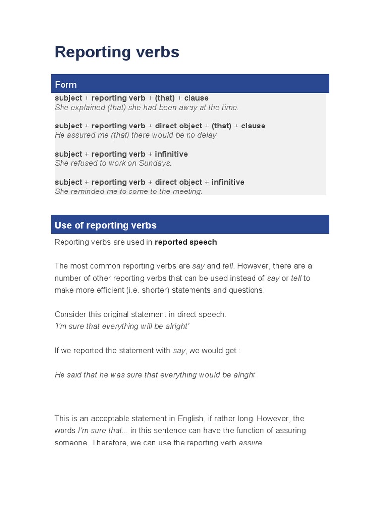 Reporting Verbs | PDF | Verb | Sentence (Linguistics)