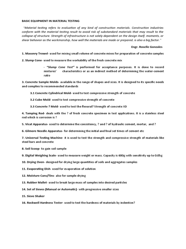 Basic Equipment in Material Testing | PDF | Concrete | Hardness