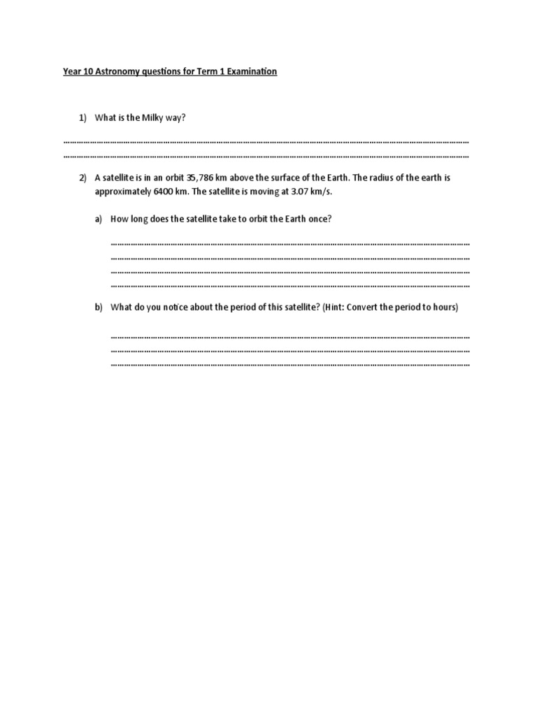 Year 10 Astronomy Exam Questions | PDF
