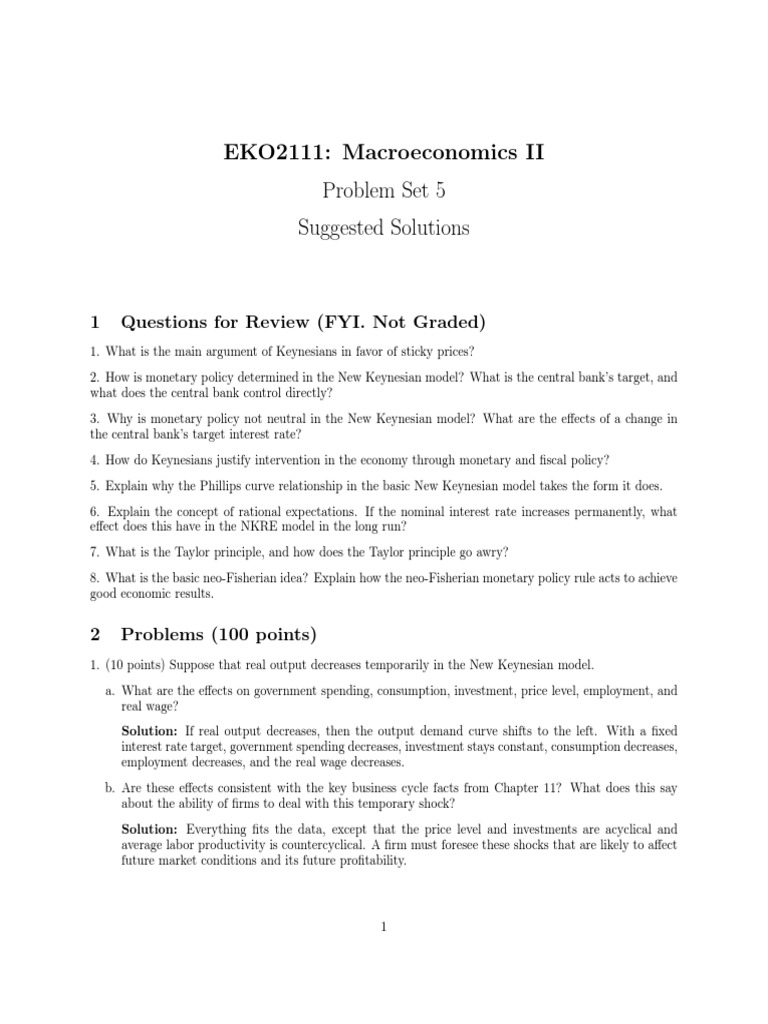 EKO2111: Macroeconomics II Problem Set 5 Suggested Solutions | PDF | New Keynesian Economics ...