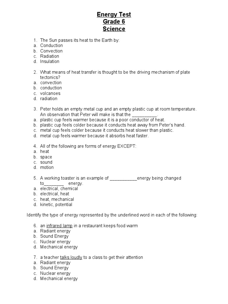 Grade 6 Science Energy Quiz | PDF | Heat | Thermal Conduction