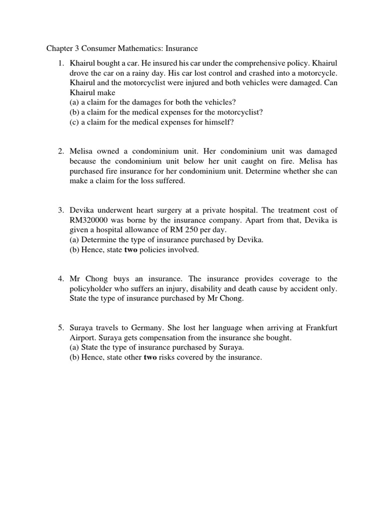 (Form 5 Maths) Chapter 3 Advance Exercise | PDF | Insurance | Deductible