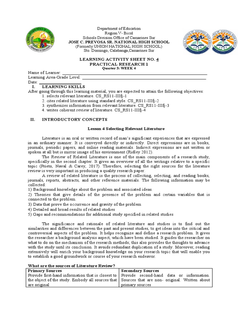Learning Activity Sheet No. 4 Practical Research 1: Jose C. Prevosa Sr ...