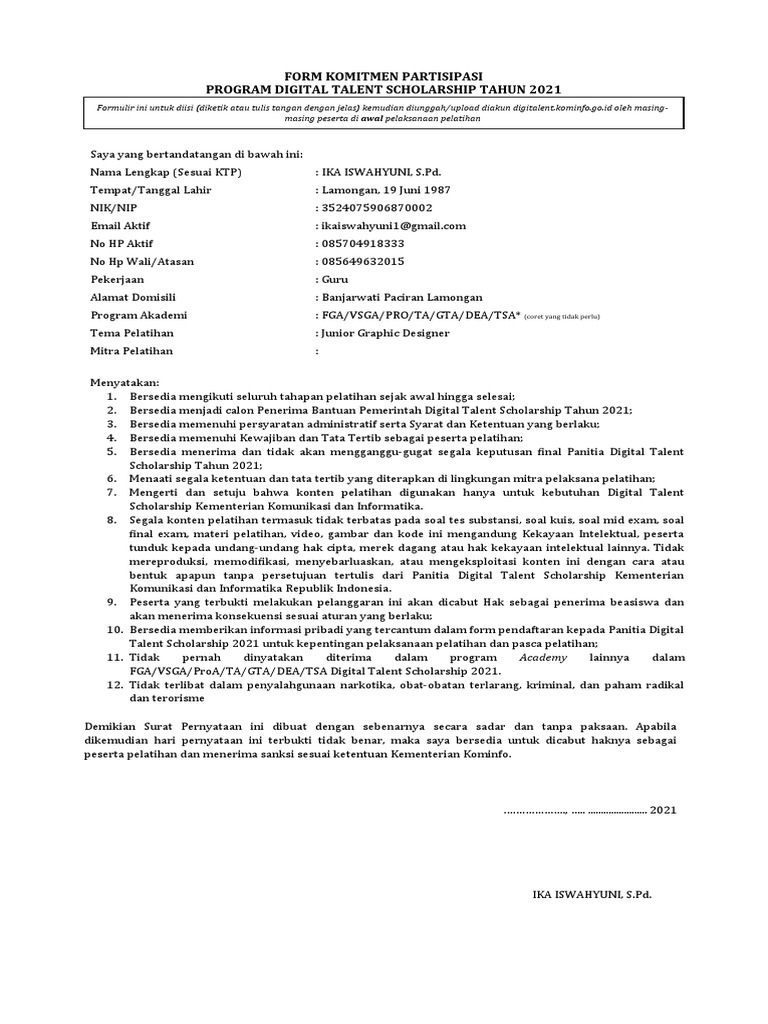 Format Form Komitmen - Peserta - TA - 2021 | PDF