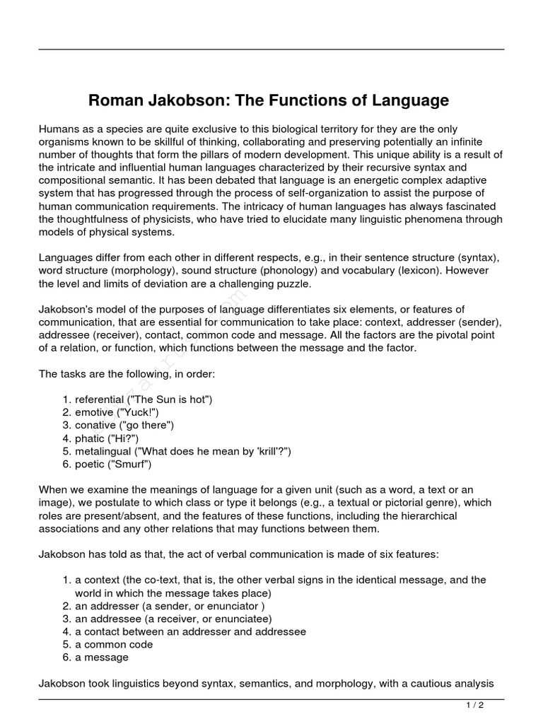 Roman Jakobson: The Functions of Language | PDF | Communication ...